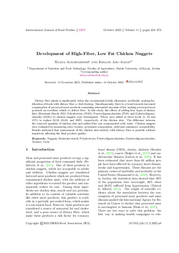 (PDF) Development of High-Fiber, Low Fat Chicken Nuggets