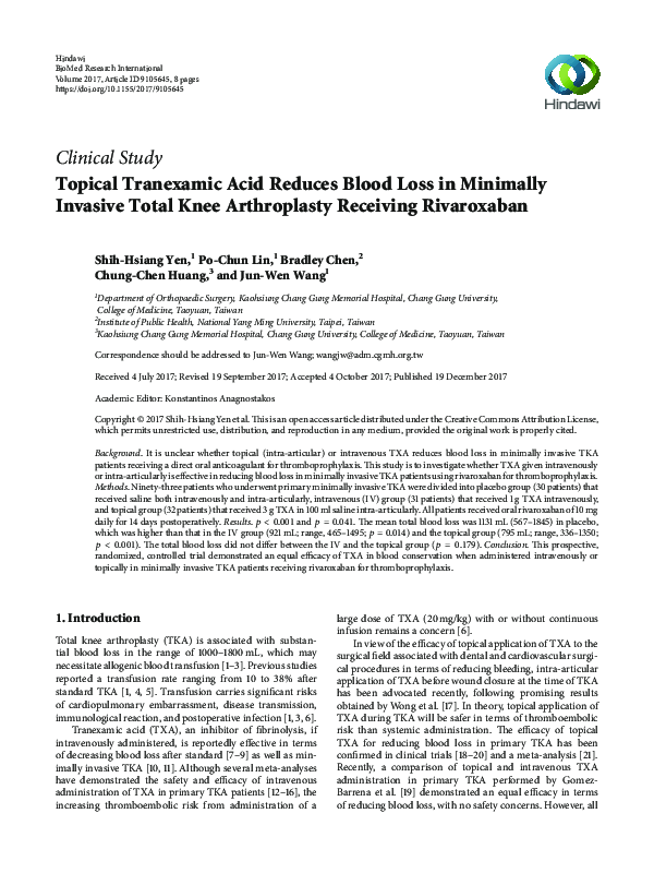 (PDF) Topical TXA Reduces Blood Loss in Minimally Invasive TKA