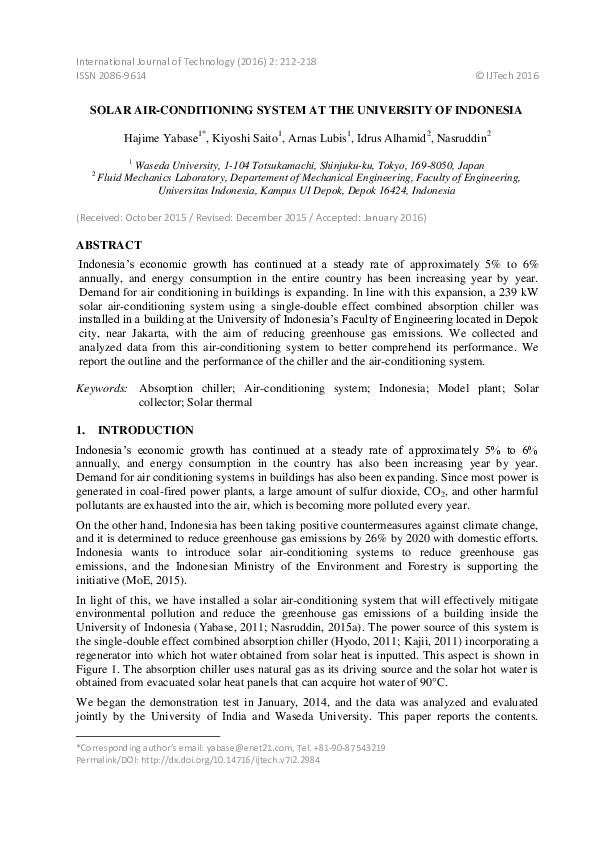 Pdf Solar Air Conditioning System In University Of Indonesia Arnas