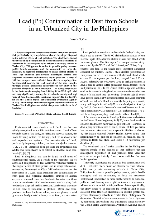 (PDF) Lead (Pb) Contamination of Dust from Schools in an Urbanized City ...