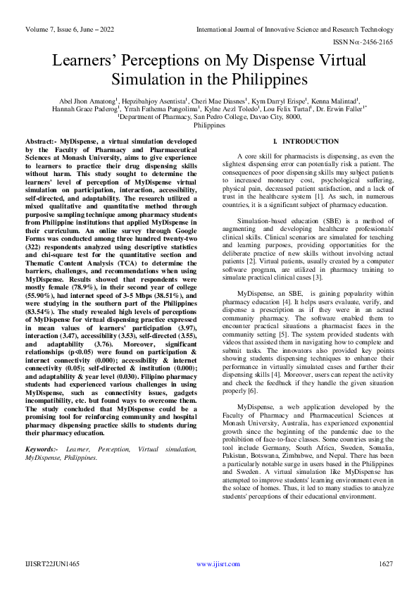 (PDF) Learners' Perceptions on My Dispense Virtual Simulation in the Philippines