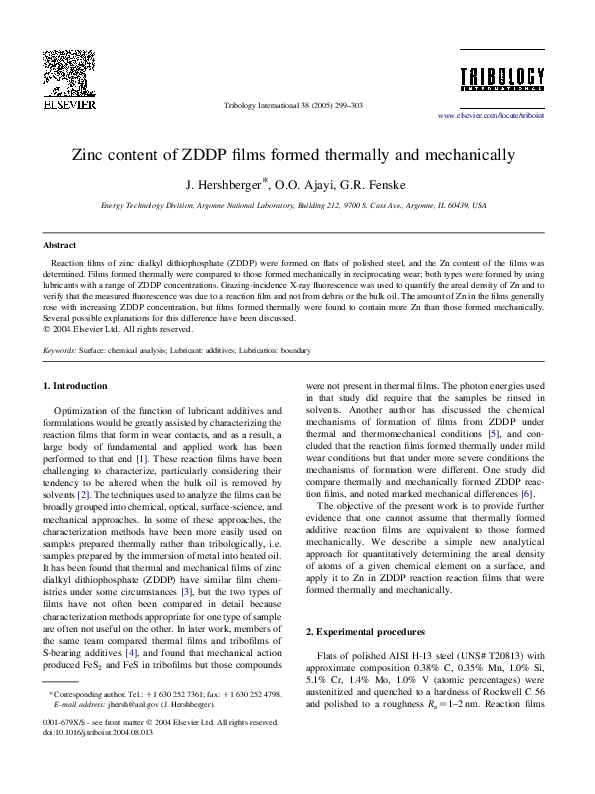 (PDF) Zinc content of ZDDP films formed thermally and mechanically