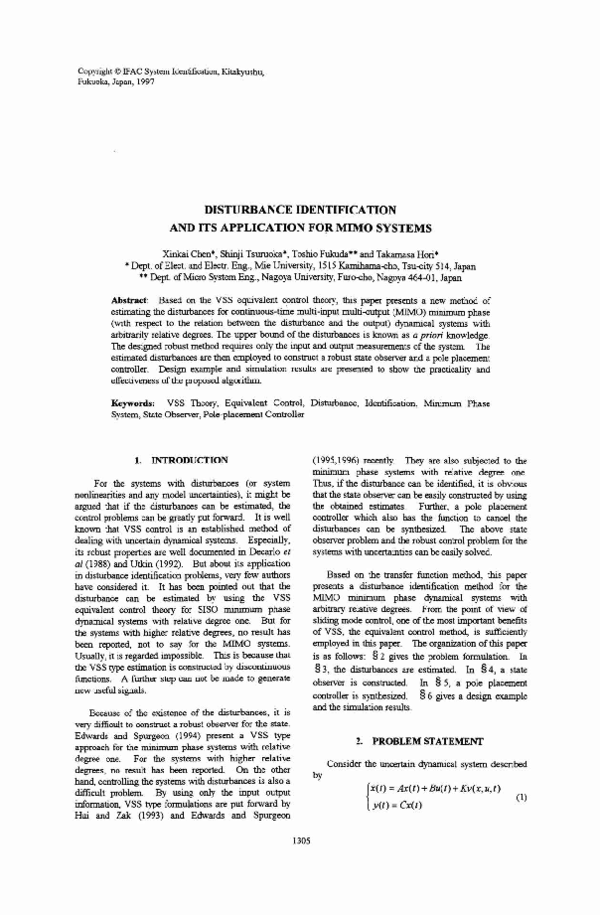 (PDF) Disturbance Identification and Its Application for MIMO Systems