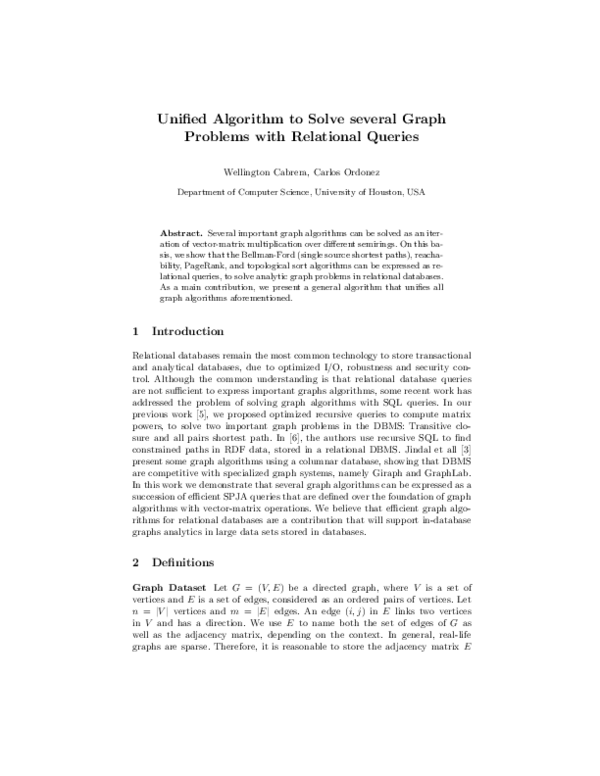 Pdf Unified Algorithm To Solve Several Graph Problems With Relational