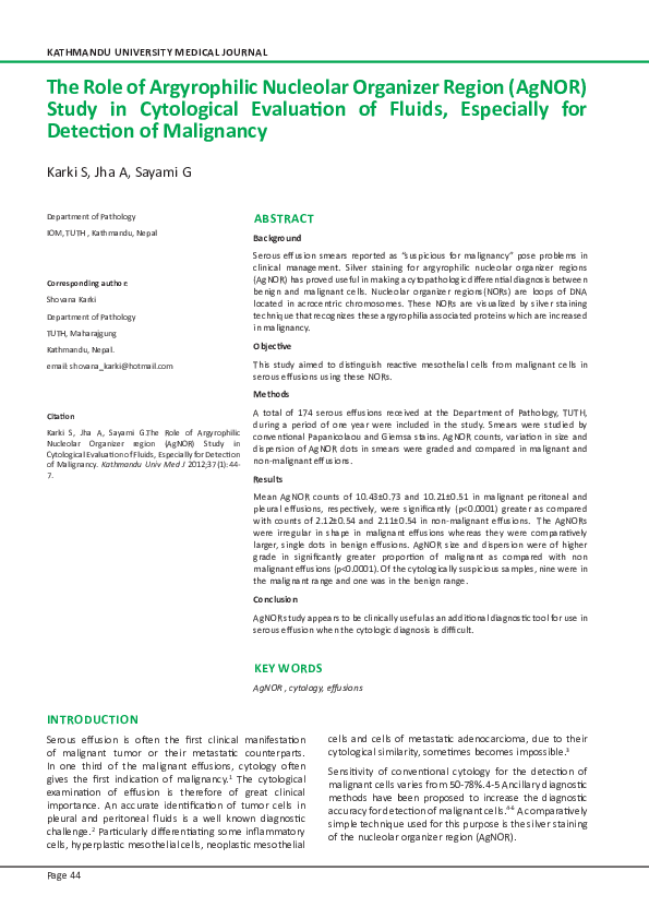 (PDF) The Role of Argyrophilic Nucleolar Organizer Region (AgNOR) Study ...
