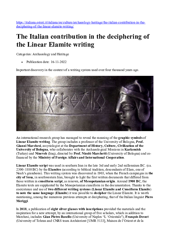 (PDF) The Italian contribution in the deciphering of the Linear Elamite ...