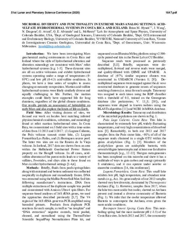 (PDF) Microbial Diversity and Functionality in Extreme Mars Analog Settings: Acid-Sulfate ...