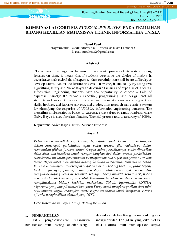 Pdf Kombinasi Algoritma Fuzzy Naive Bayes Pada Pemilihan Bidang Keahlian Mahasiswa Teknik