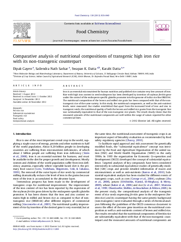 (PDF) Comparative analysis of nutritional compositions of transgenic ...
