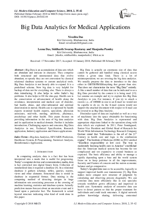 (PDF) Big Data Analytics for Medical Applications