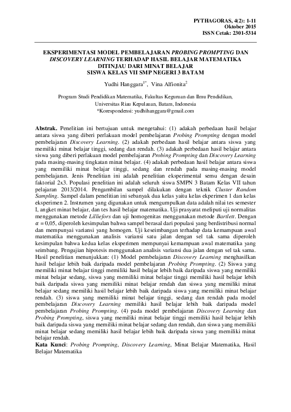 (PDF) Eksperimentasi Model Pembelajaran Probing Prompting Dan Discovery Learning Terhadap Hasil ...