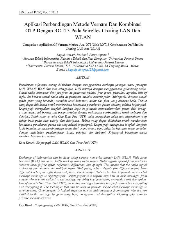 (PDF) Aplikasi Perbandingan Metode Vernam Dan Kombinasi OTP Dengan ROT13 Pada Wirelles Chating ...
