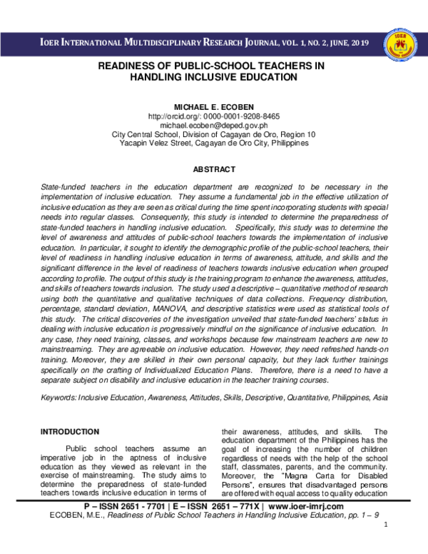 (PDF) Readiness of Public-School Teacher in Handling Inclusive Education
