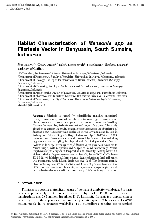 (PDF) Habitat Characterization of Mansonia spp as Filariasis Vector in Banyuasin, South Sumatra ...