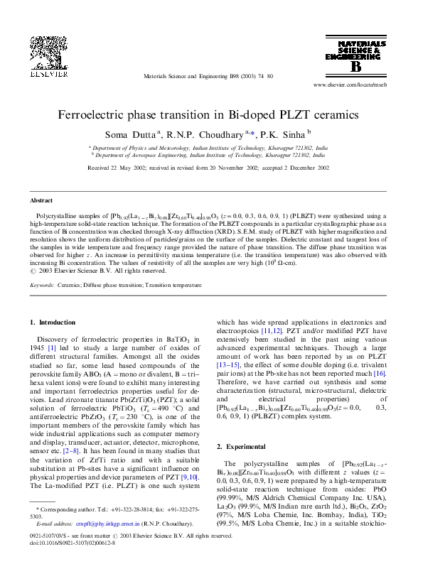 (PDF) Ferroelectric phase transition in Bi-doped PLZT ceramics | R N P Choudhary - Academia.edu