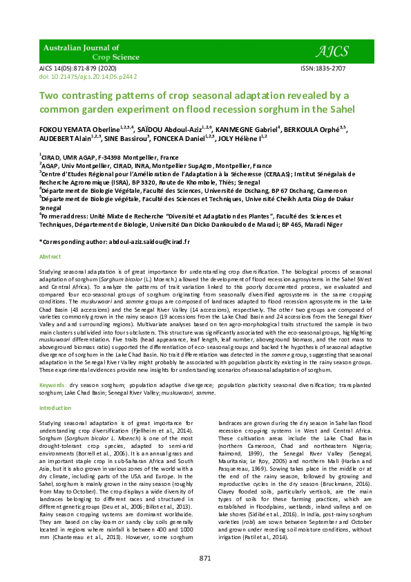 (PDF) Two contrasting patterns of crop seasonal adaptation revealed by a common garden ...