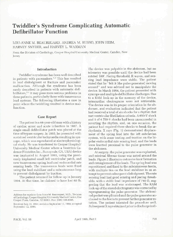 (PDF) Twiddler's Syndrome Complicating Automatic Defibrillator Function