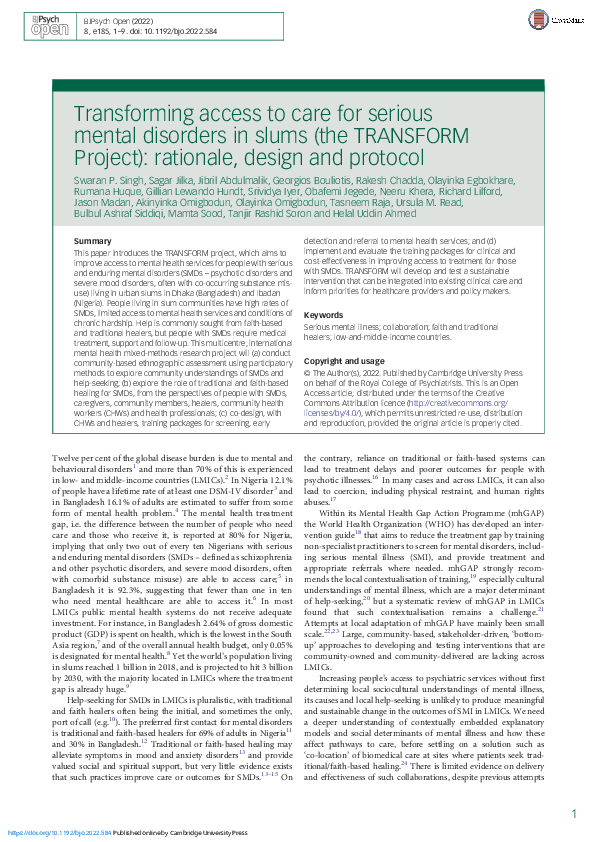 (PDF) Transforming access to care for serious mental disorders in slums (the TRANSFORM Project ...