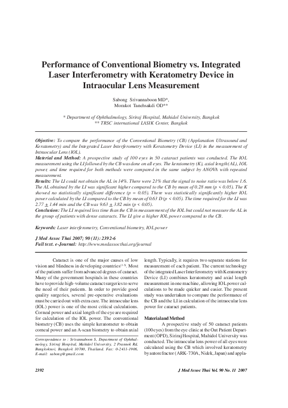 (PDF) Performance of conventional biometry vs. integrated laser ...