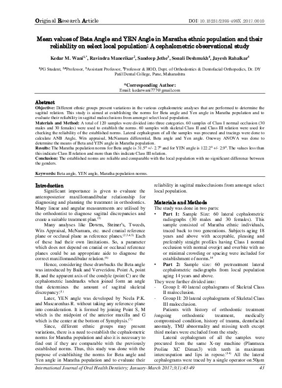 (PDF) Mean values of Beta Angle and YEN Angle in Maratha ethnic ...