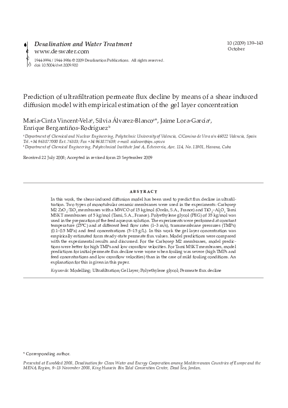 (PDF) Prediction of ultrafiltration permeate flux decline by means of a ...