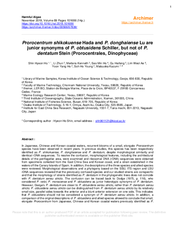 (PDF) Prorocentrum shikokuense Hada and P. donghaiense Lu are junior ...