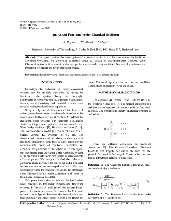 Pdf Analysis Of Fractional Order Chemical Oscillator
