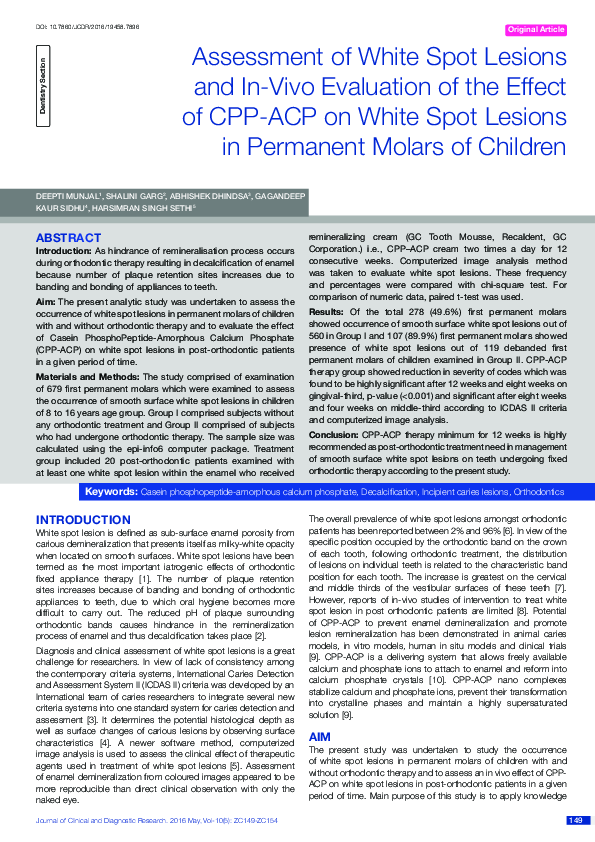 Pdf Assessment Of White Spot Lesions And In Vivo Evaluation Of The Effect Of Cpp Acp On White