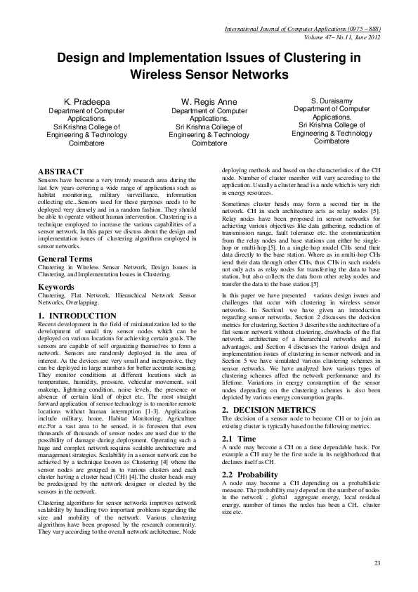 Pdf Design And Implementation Issues Of Clustering In Wireless Sensor