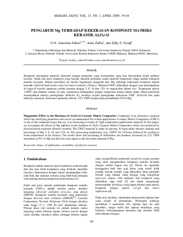 (PDF) PENGARUH Mg TERHADAP KEKERASAN KOMPOSIT MATRIKS KERAMIK Al2O3/Al