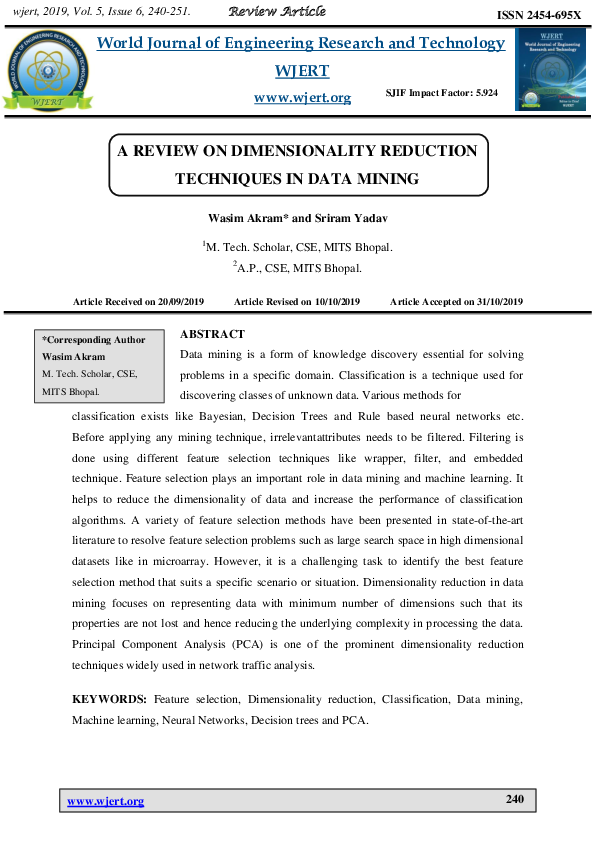 Pdf A Review On Dimensionality Reduction Techniques In Data Mining Sriram Yadav