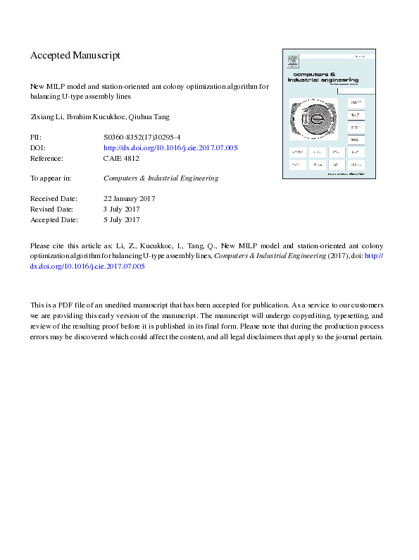 (PDF) New MILP model and station-oriented ant colony optimization algorithm for balancing U-type ...