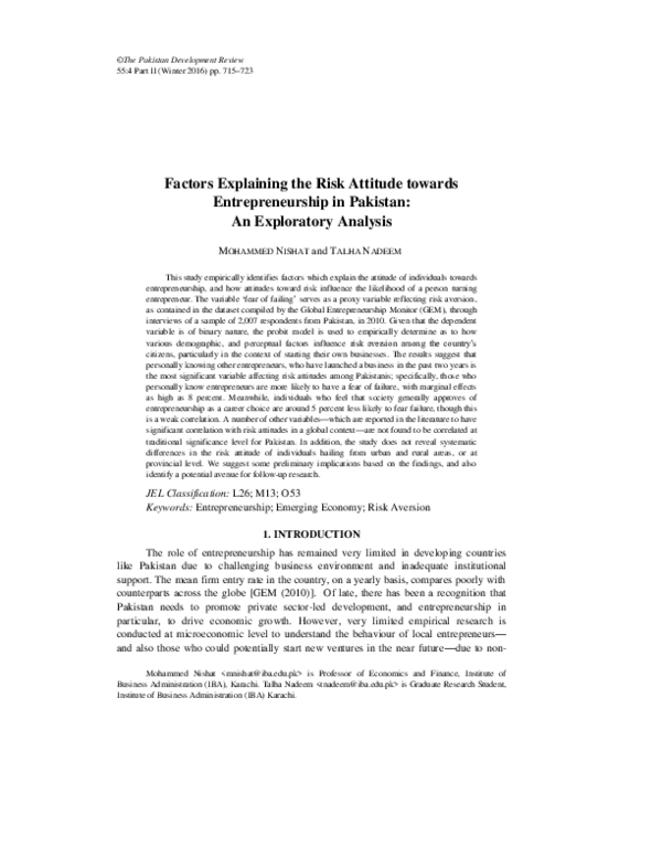 (PDF) Understanding Risk Attitudes in Pakistani Entrepreneurship