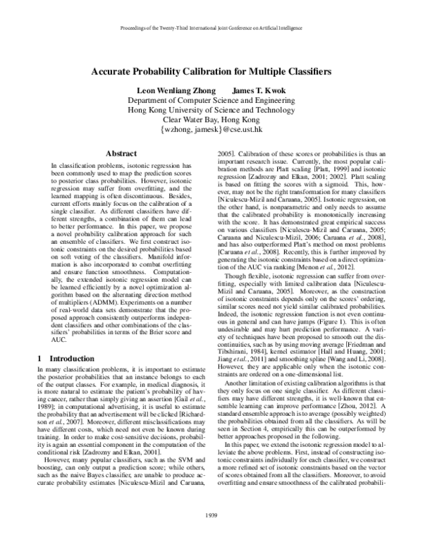 (PDF) Accurate probability calibration for multiple classifiers (PDF) Accurate probability calibration for multiple classifiers