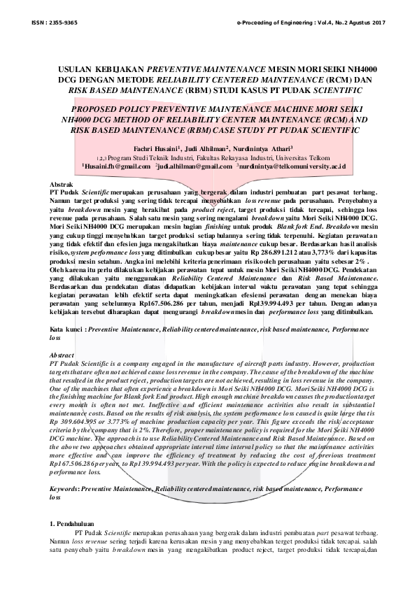 (PDF) Usulan Kebijakan Preventive Maintenance Mesin Mori Seiki NH4000 DCG Dengan Metode ...