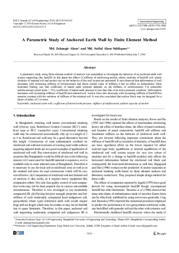 (PDF) A parametric study of anchored earth wall by finite element method | JAHANGIR Alam ...