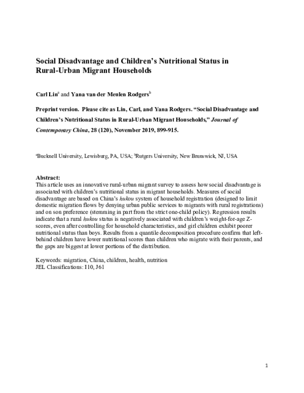 (PDF) Social Disadvantage and Children's Nutritional Status in Rural ...