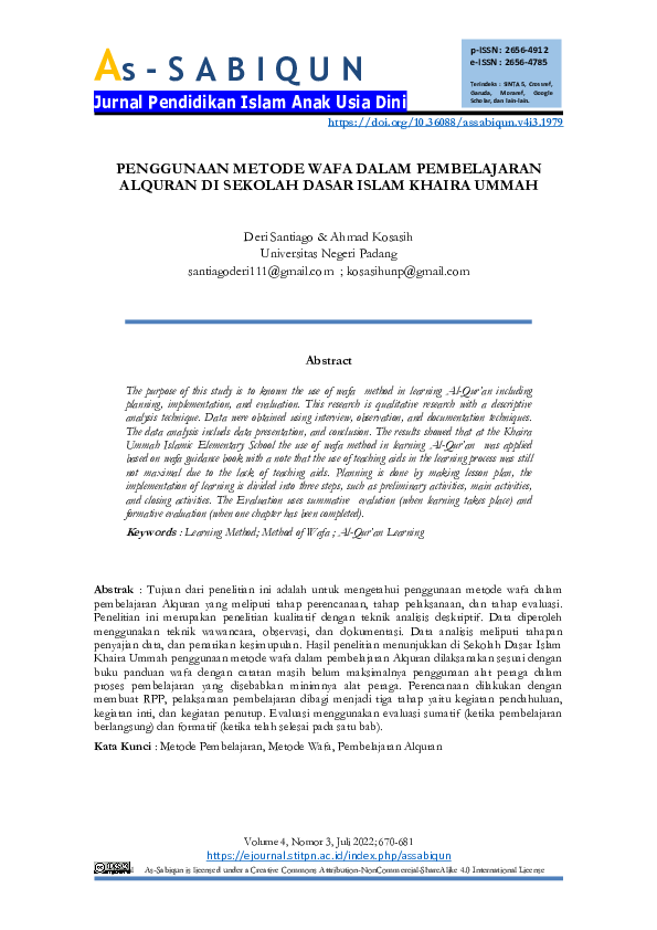 (PDF) Penggunaan Metode Wafa dalam Pembelajaran Al-Qur'an di Sekolah Dasar Islam Khaira Ummah