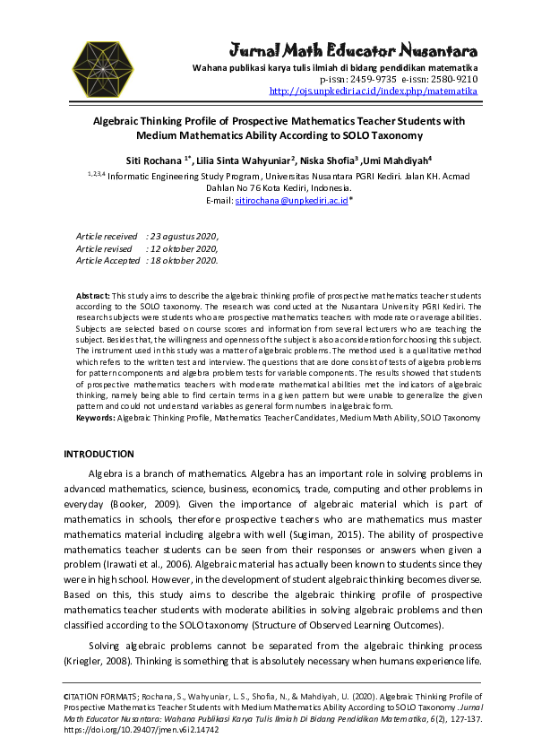 (PDF) Algebraic thinking profile of prospective mathematics teacher ...