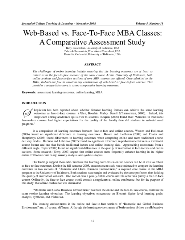 (PDF) Web-Based vs. Face-To-Face MBA Classes: A Comparative Assessment Study