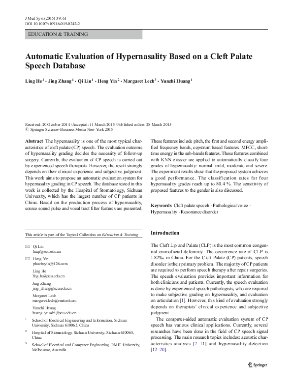 (PDF) Automatic evaluation of hypernasality based on a cleft palate speech database | Margaret ...