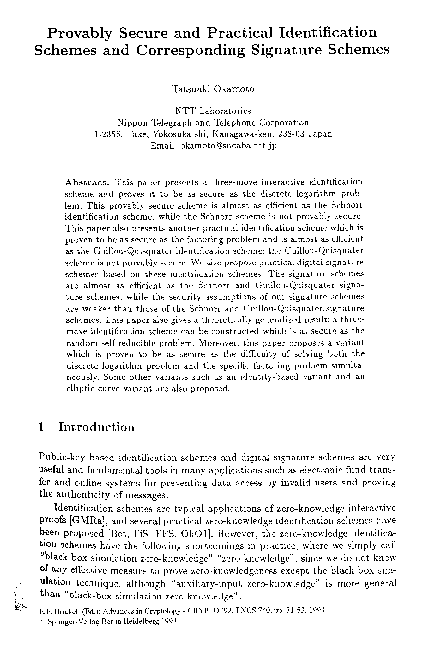 (PDF) Provably Secure and Practical Identification Schemes and Corresponding Signature Schemes