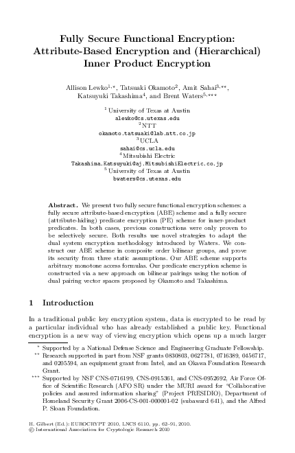 Pdf Fully Secure Functional Encryption Attribute Based Encryption And Hierarchical Inner
