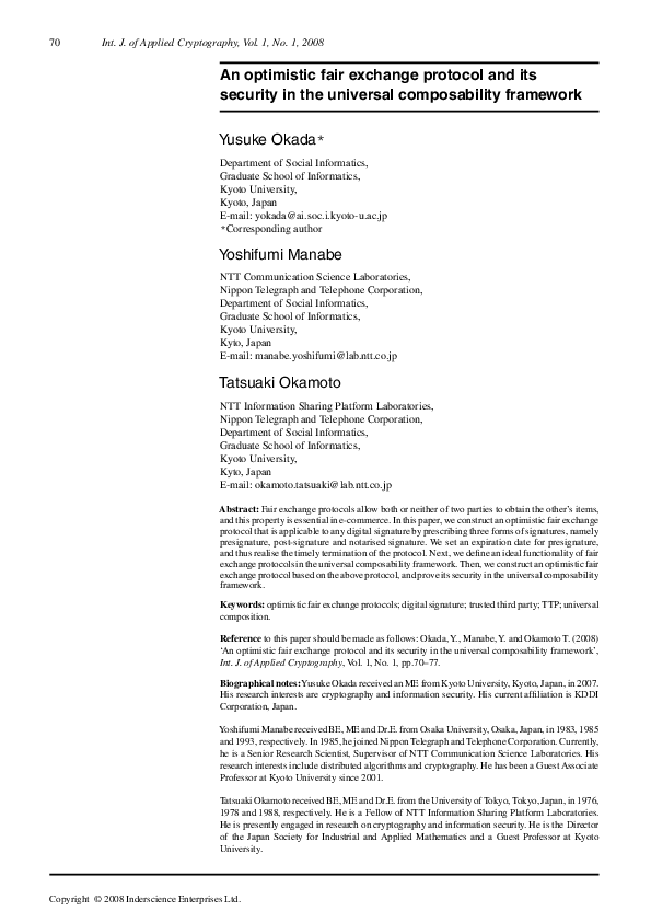 (PDF) An optimistic fair exchange protocol and its security in the universal composability framework