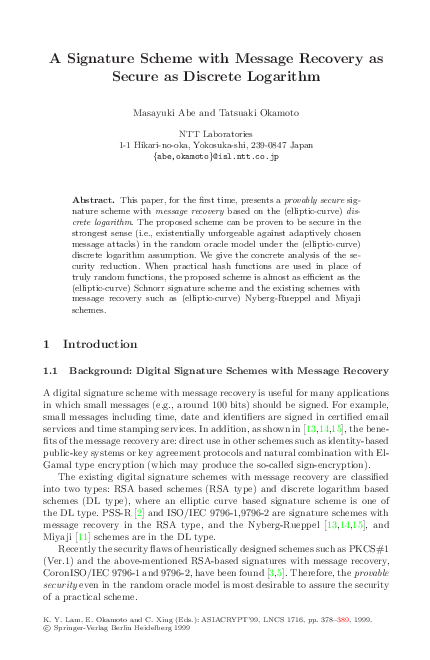 (PDF) A Signature Scheme with Message Recovery as Secure as Discrete Logarithm