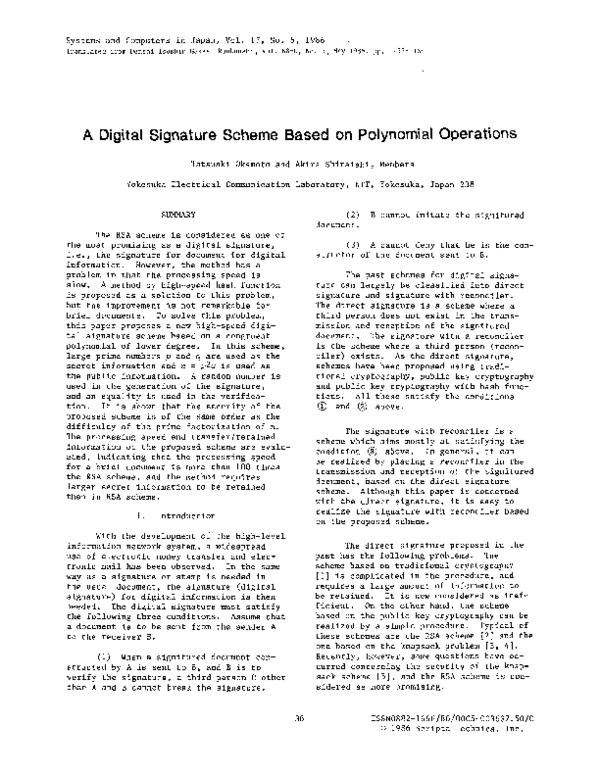 (PDF) A digital signature scheme based on polynomial operations