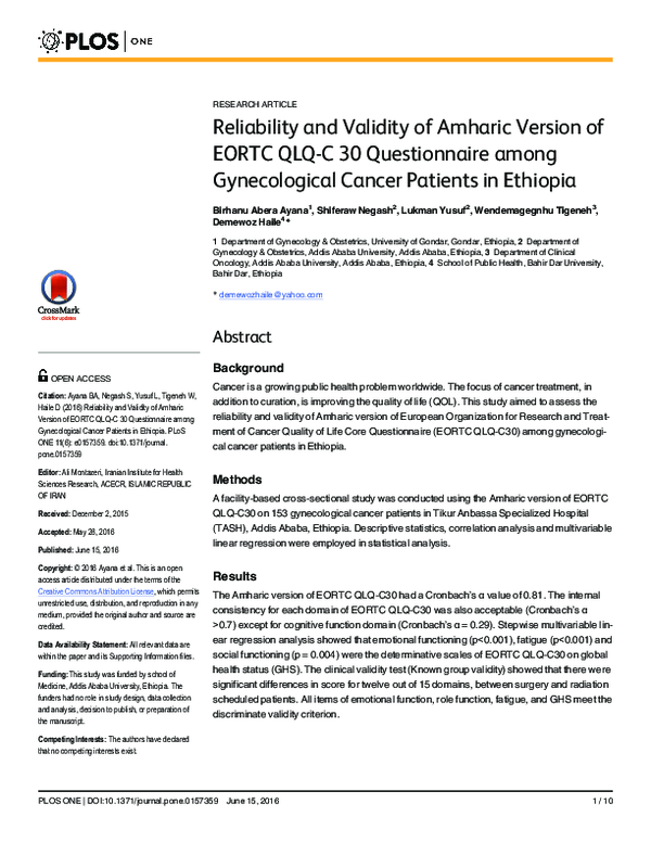 (PDF) Reliability and Validity of Amharic Version of EORTC QLQ-C 30 Questionnaire among ...