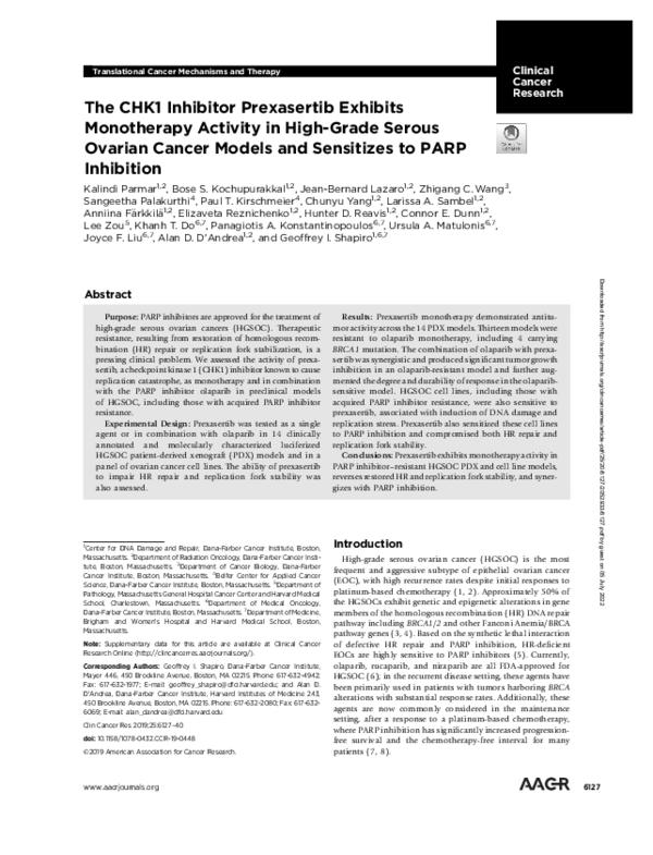(PDF) The CHK1 Inhibitor Prexasertib Exhibits Monotherapy Activity in ...
