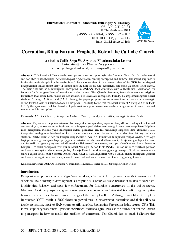 (PDF) Corruption, Ritualism and Prophetic Role of the Catholic Church