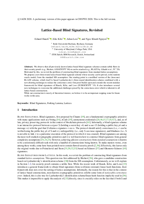 (PDF) Lattice-Based Blind Signatures, Revisited | Ngoc Nguyen - Academia.edu